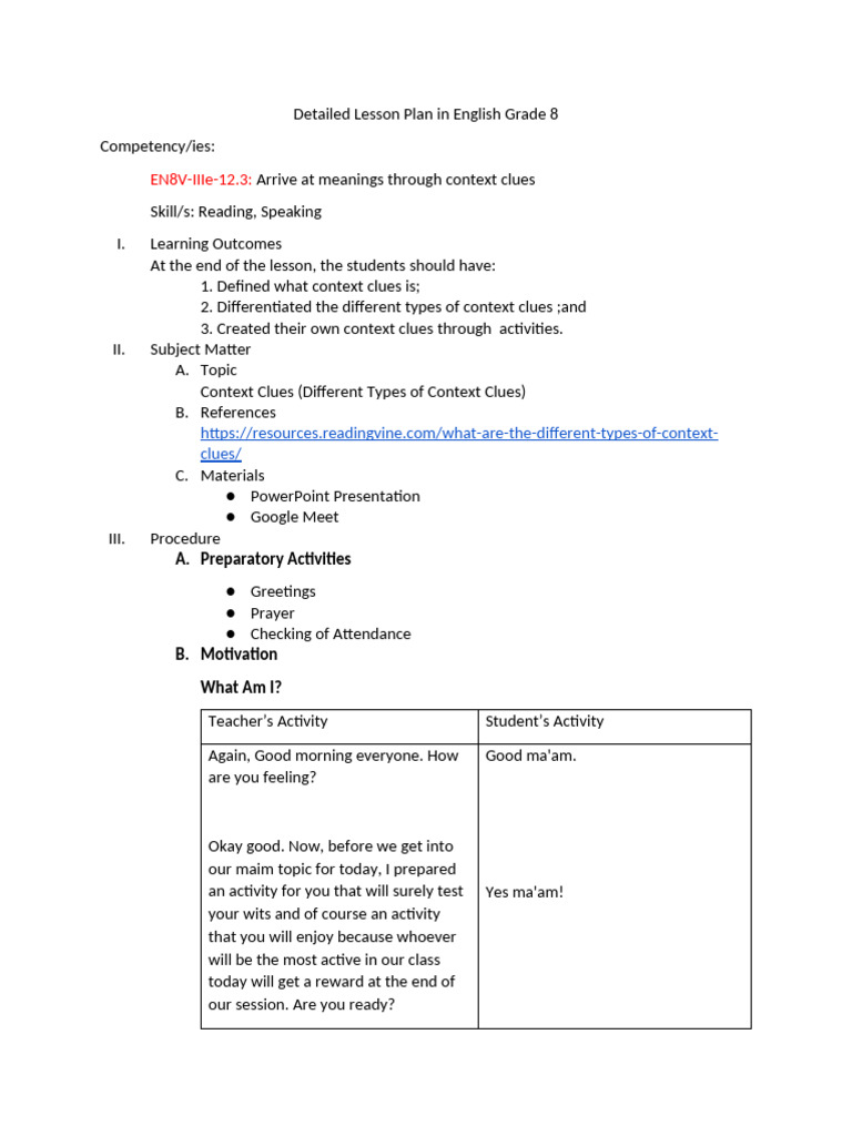 Detailed Lesson Plan in English Grade 8 | PDF