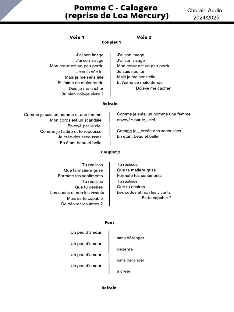 Pomme C - Calogero (Reprise de Loa Mercury) | PDF
