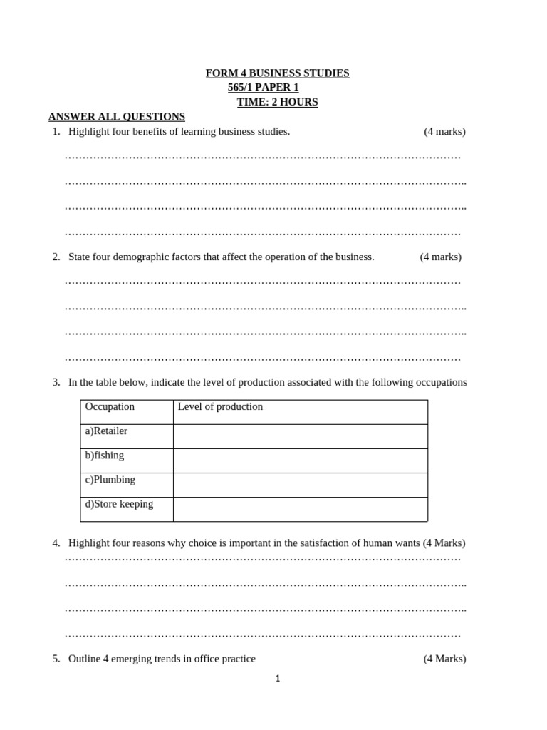 Business Studies - Paper 1 - Question Paper-1 | PDF
