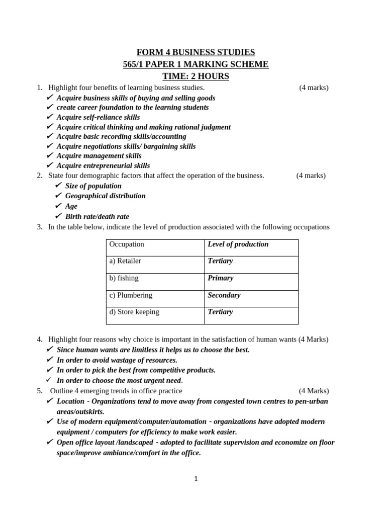 Business Studies - Paper 1 - Marking Scheme | PDF | Insurance | Business