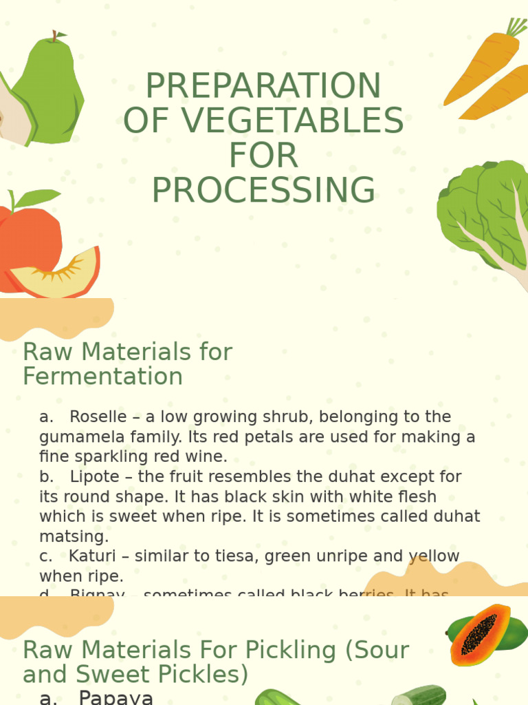 Preparation of Vegetables For Food Processing | PDF | Pickling ...