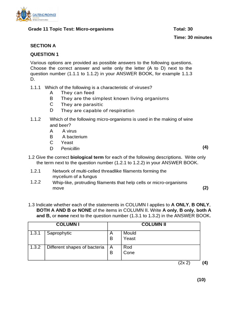Gr.11 Topic Test Micro Organisms | PDF