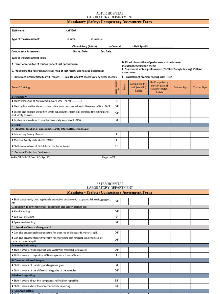 Lab Safety Competency Assessment Form | PDF