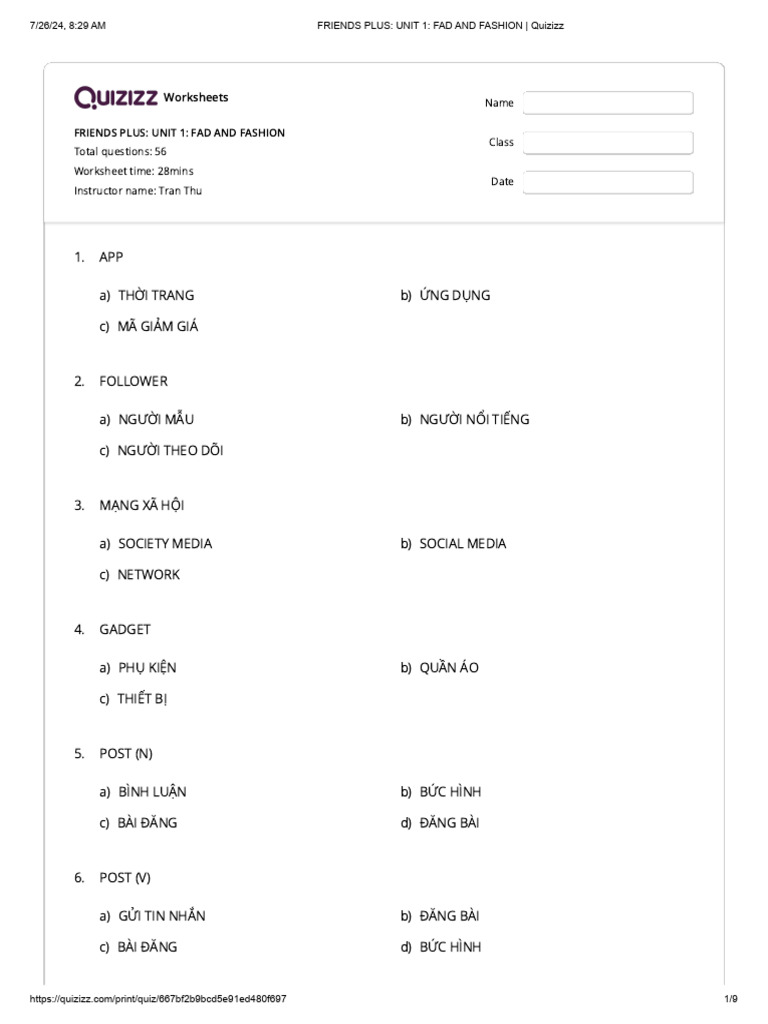 FRIENDS PLUS - UNIT 1 - FAD AND FASHION - Quizizz | PDF