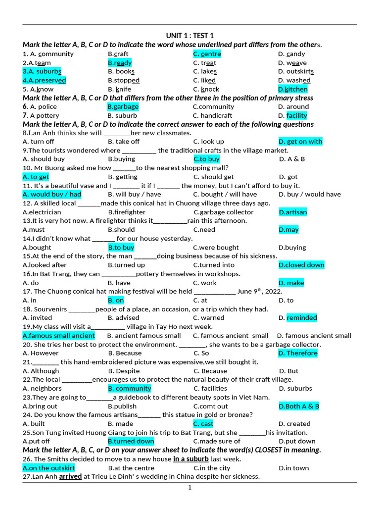 Key BT Anh 9 Global Unit 1 | PDF