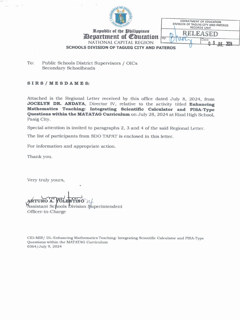 Division Letter No. 0364 Enhancing Mathematics Teaching Integrating ...