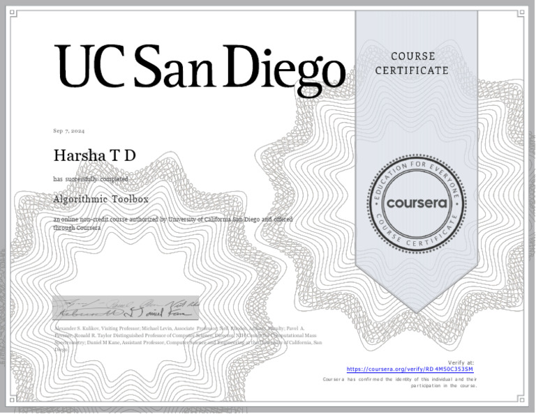 Coursera Algorithmic Toolbox Certificate | PDF