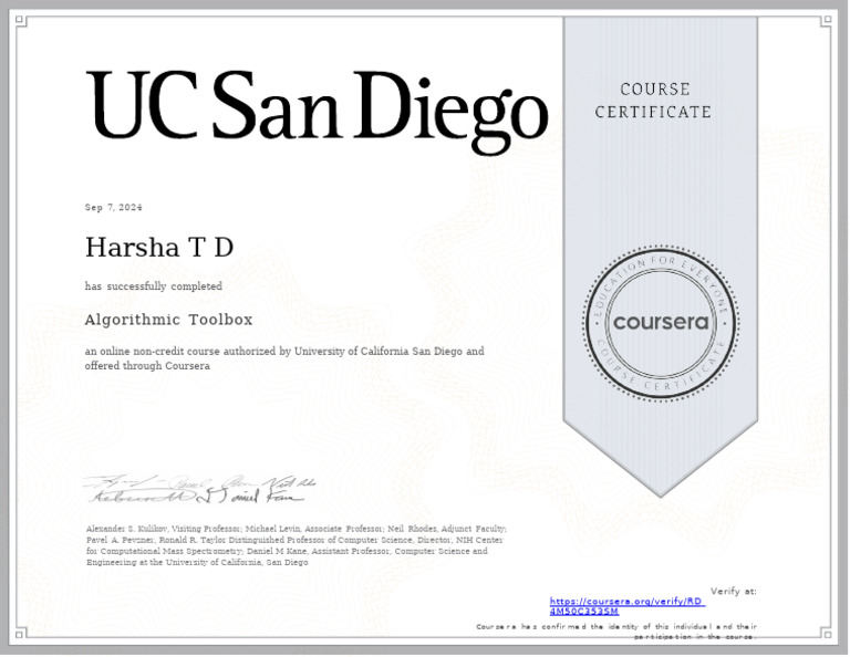 Coursera Algorithmic Toolbox Certificate | PDF