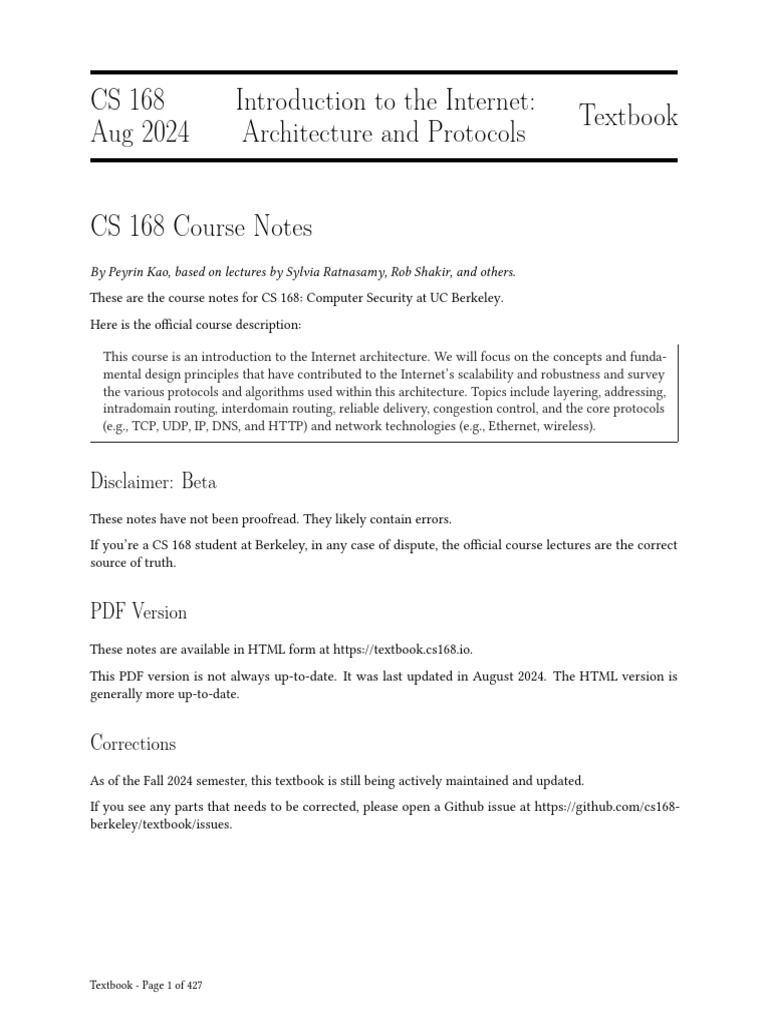 Cs168 Course Notes Aug 2024 | PDF