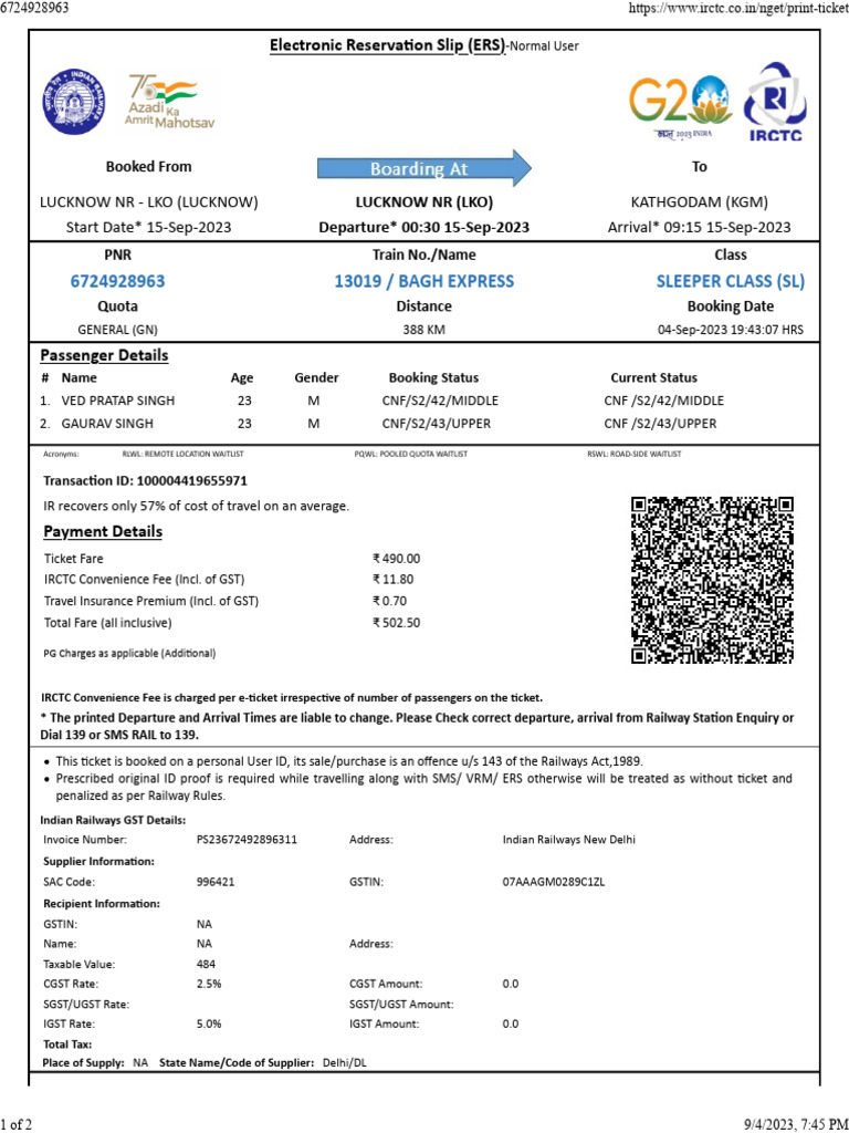 Bagh Express Sleeper Class (SL) : Electronic Reserva On Slip (ERS) | PDF