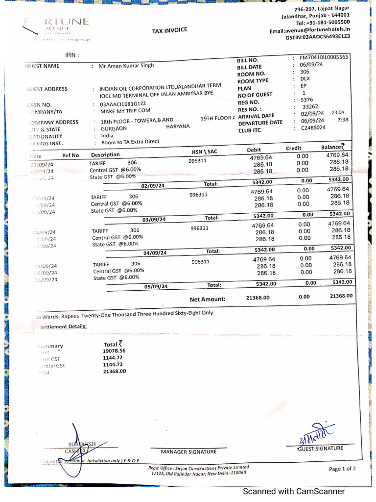 Aman Kumar Singh - Hostel Invoice | PDF