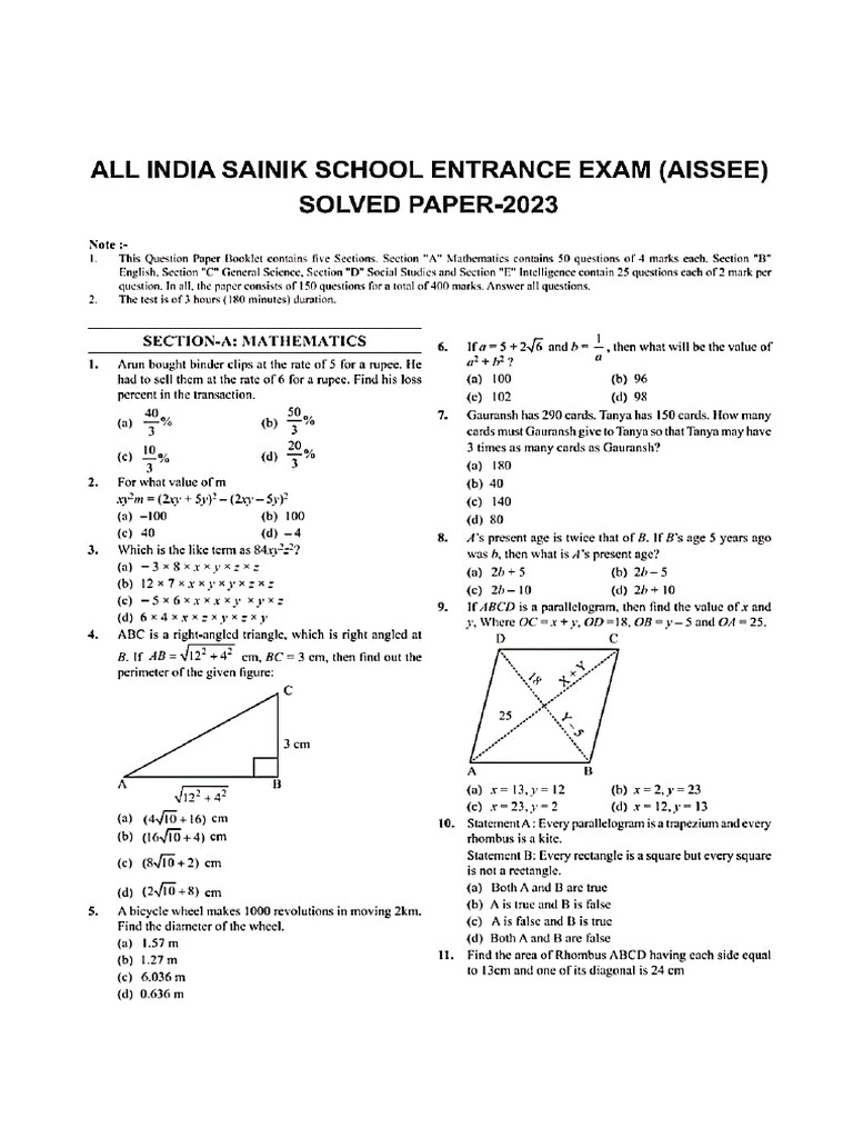 Sainik School Question Paper 2023 | PDF