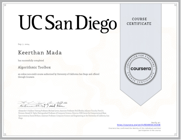 Coursera Algorithmic Toolbox Certificate | PDF