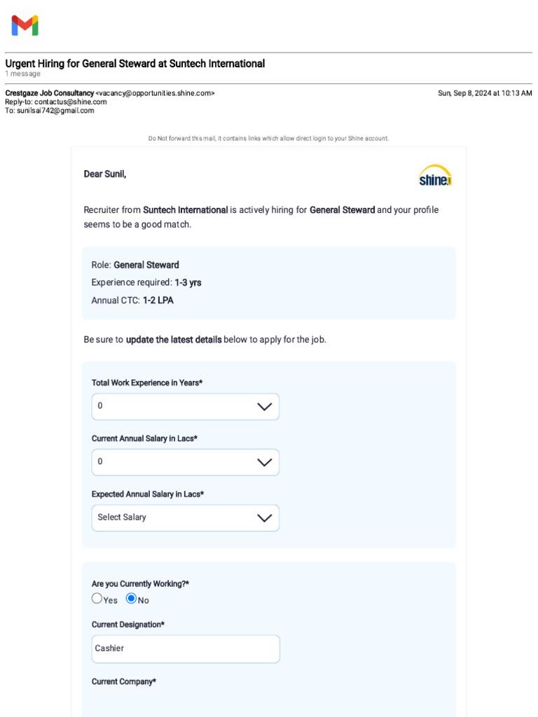 Gmail - Urgent Hiring For General Steward at Suntech International | PDF