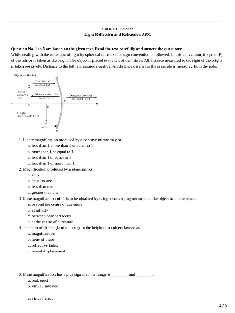 Assignments-Light Reflection and Refraction | PDF