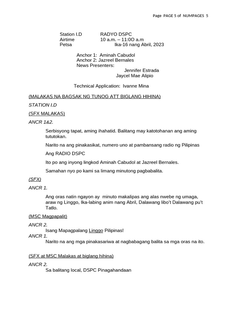 Radio Broad Script Filipino | PDF | Philippines | Sports & Recreation