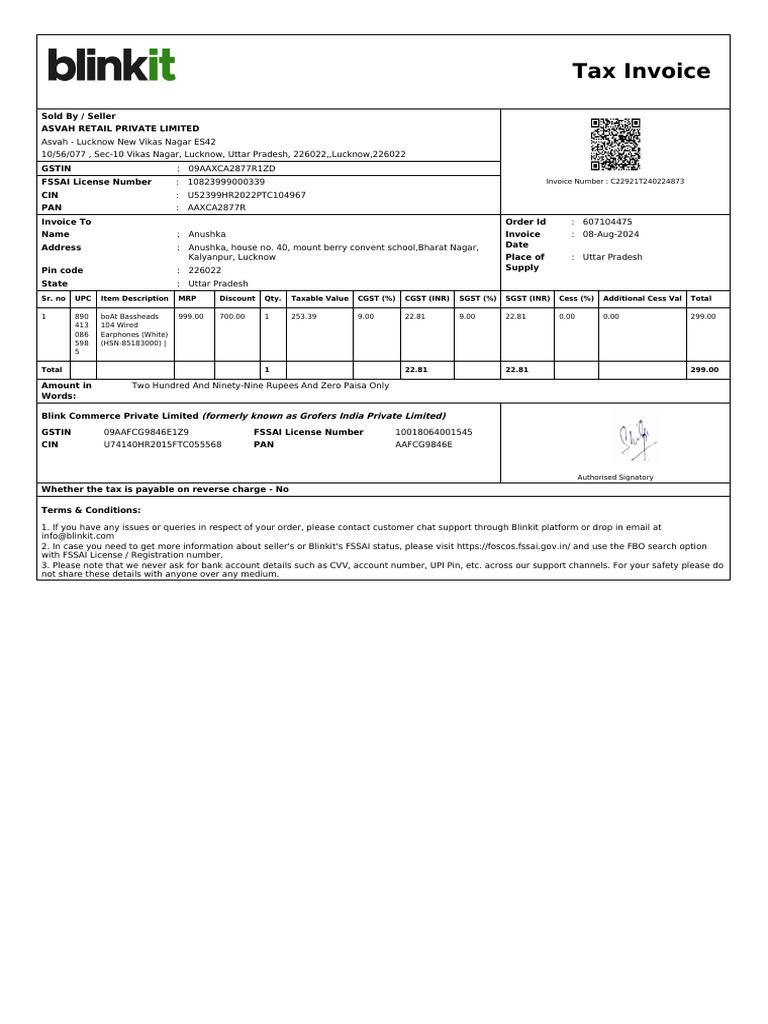 Invoice for Anushka's Purchase | PDF | Invoice | Finance & Money Management