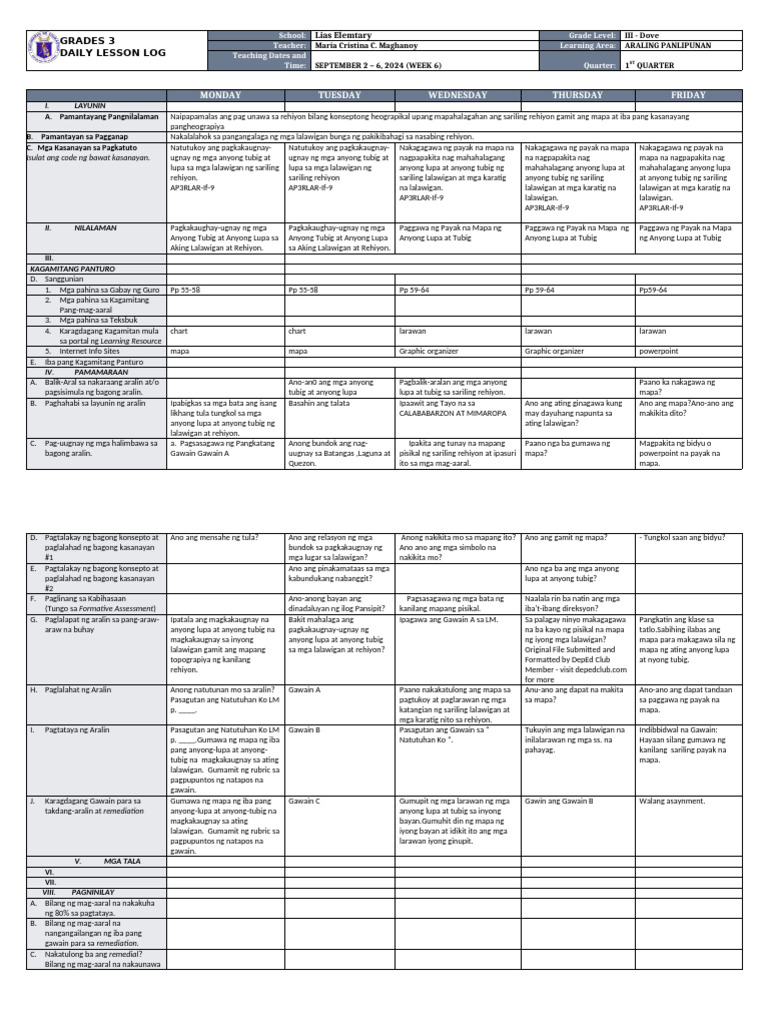 DLL - Araling Panlipunan 3 - Q1 - W6 | PDF DLL - Araling Panlipunan 3 - Q1 - W6 | PDF