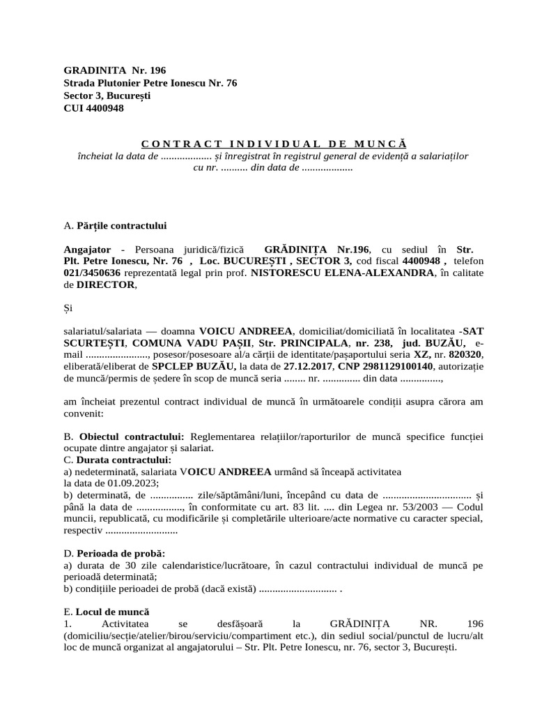 Contracte Individuale de Munca Septembrie 2023 | PDF
