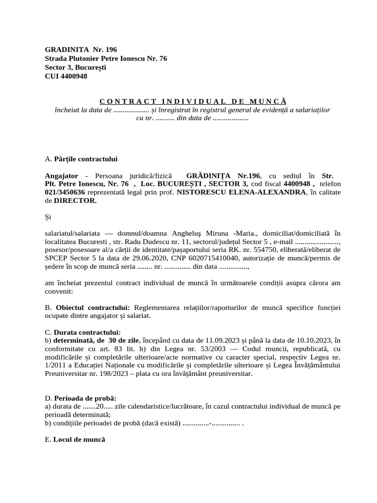 Contract Individual de Munca PLATA CU ORA 30 60 DE ZILE | PDF