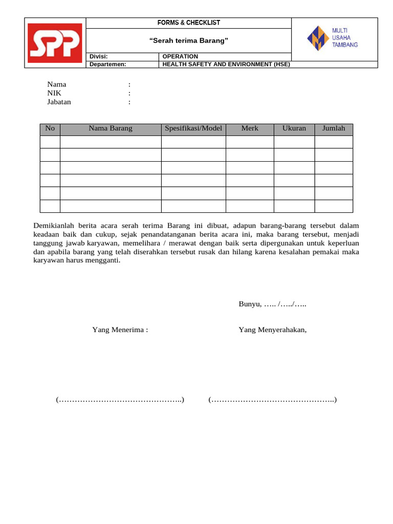 Form Serah Terima Barang | PDF
