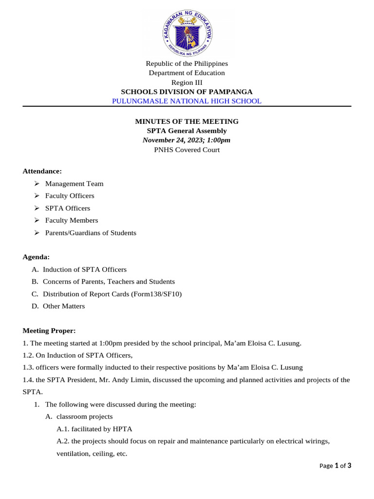 SPTA - Minutes of The Meeting1 2023 2024 | PDF