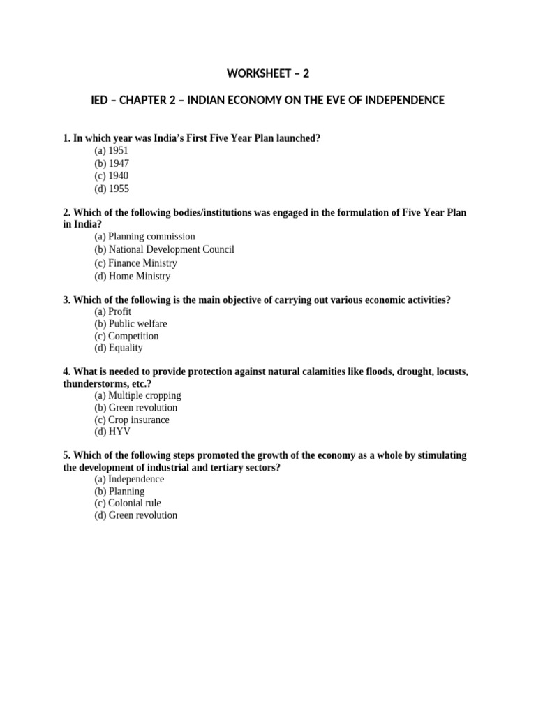IED - Chapter 2 - Indian Economy 1950-90 WS | PDF