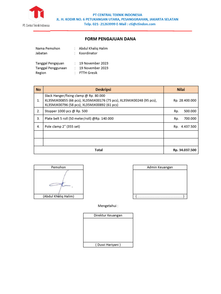 FORM PENGAJUAN DANA Material Lokal Gresik 19 November 2023 | PDF