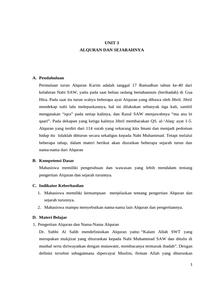 ULUMUL QURAN - MODUL - UNIT 3 - Al Quran Dan Turunnya | PDF