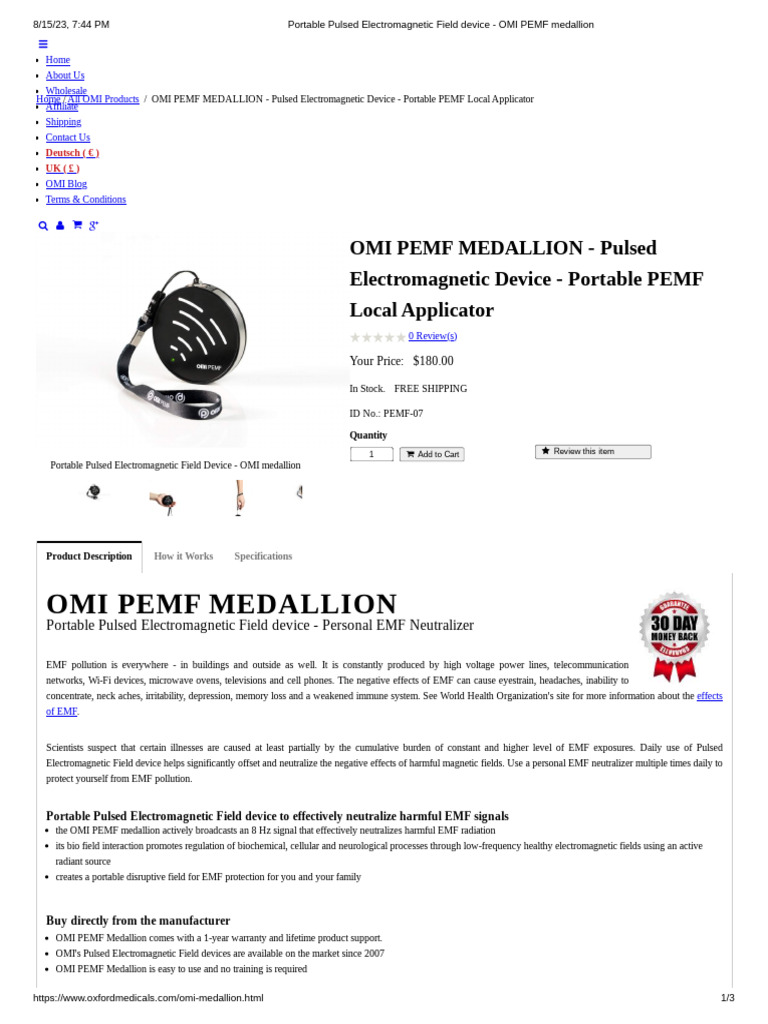 Portable Pulsed Electromagnetic Field Device - OMI PEMF Medallion | PDF