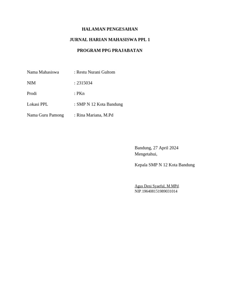 Jurnal Harian Restu Gultom PPL 1 SMPN 12 Bandung | PDF