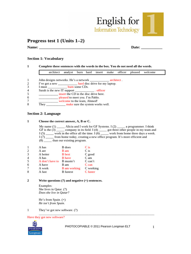 Progress Test 1 Units 1 2 | PDF