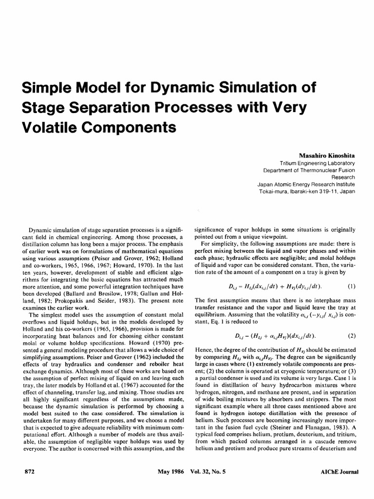 Simple Model For Dynamic Simulation of Stage Separation Processes With Very Volatile Components ...