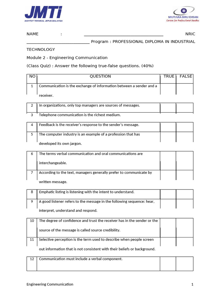 Quiz - Engineering Communication | PDF
