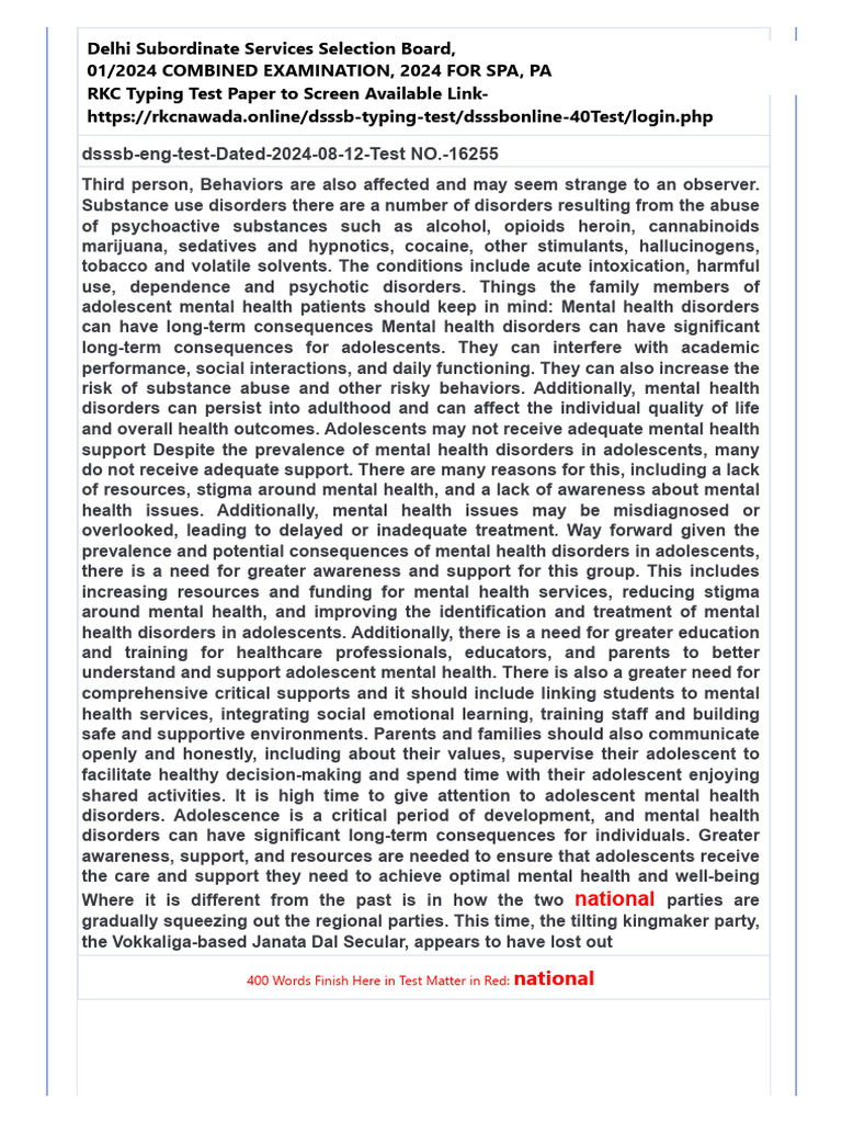 DSSSB Adv No 01 2024 SPA, PA, JJA English Typing 136 277 Test Matter | PDF