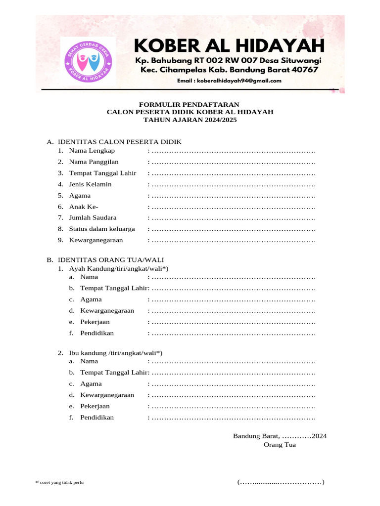 A.3.1 Formulir Pendaftaran Paud TK KB | PDF