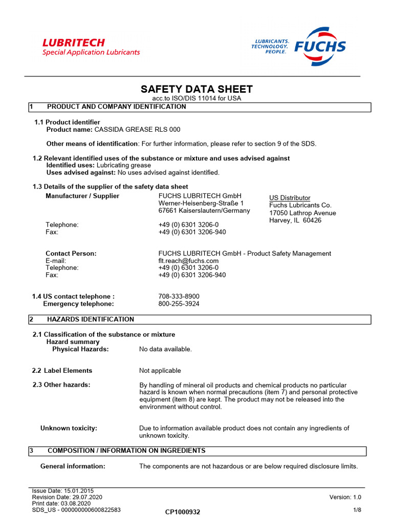 Fuchs Lubritech GMBH - CASSIDA GREASE RLS 000 - Unknown - 07-29-2020 ...