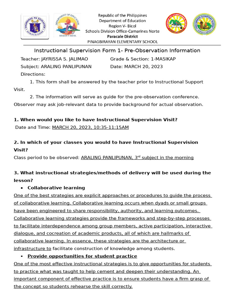 Pre-Post Observation Form | PDF