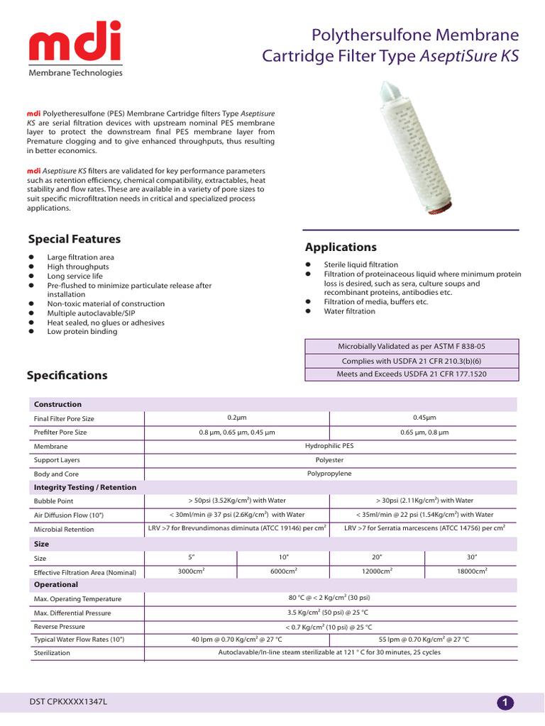 AseptiSure KS Filter Specifications | PDF | Filtration | Membrane