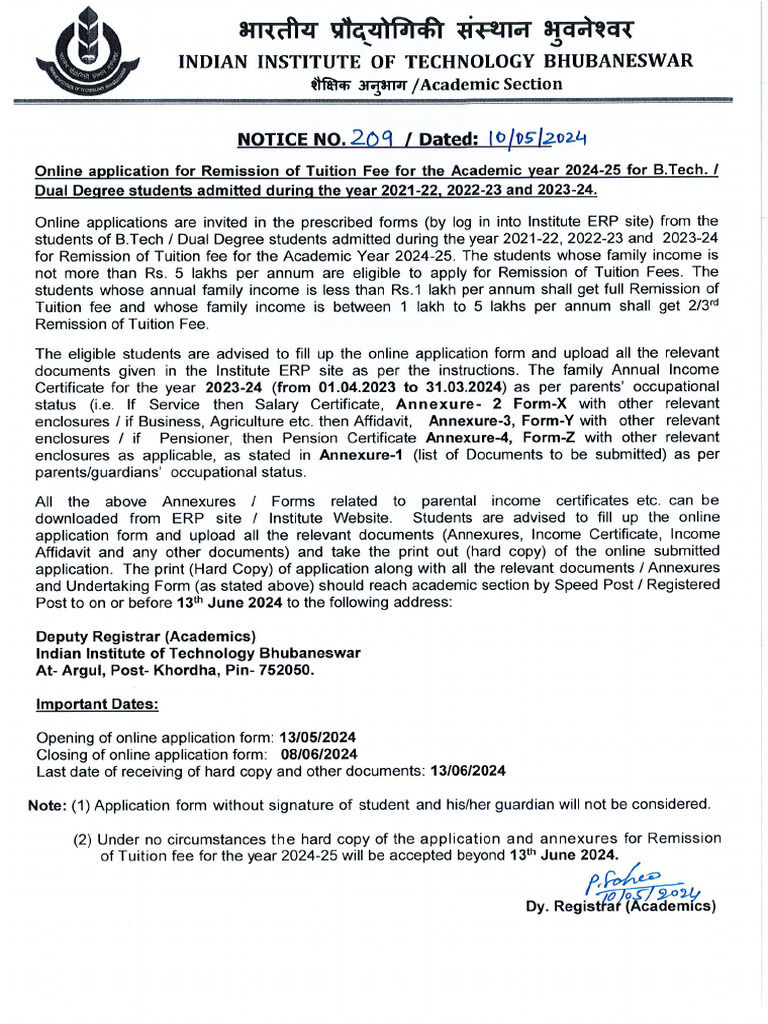Remission of Tuition Fees For The Academic Year 2024 25 For 2021 2022 ...