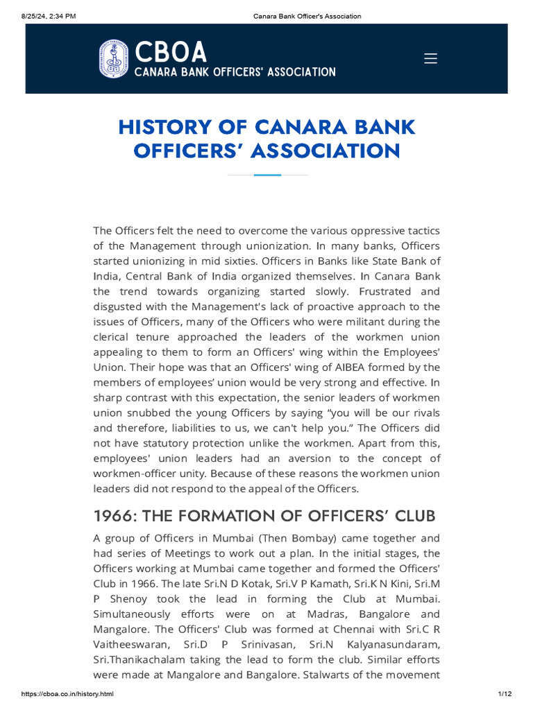 Canara Bank Officer's Association HISTORY | PDF