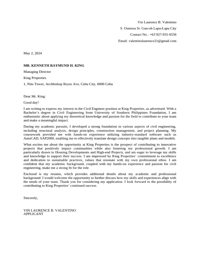 Vin Valentino Application Letter | PDF | Career & Growth