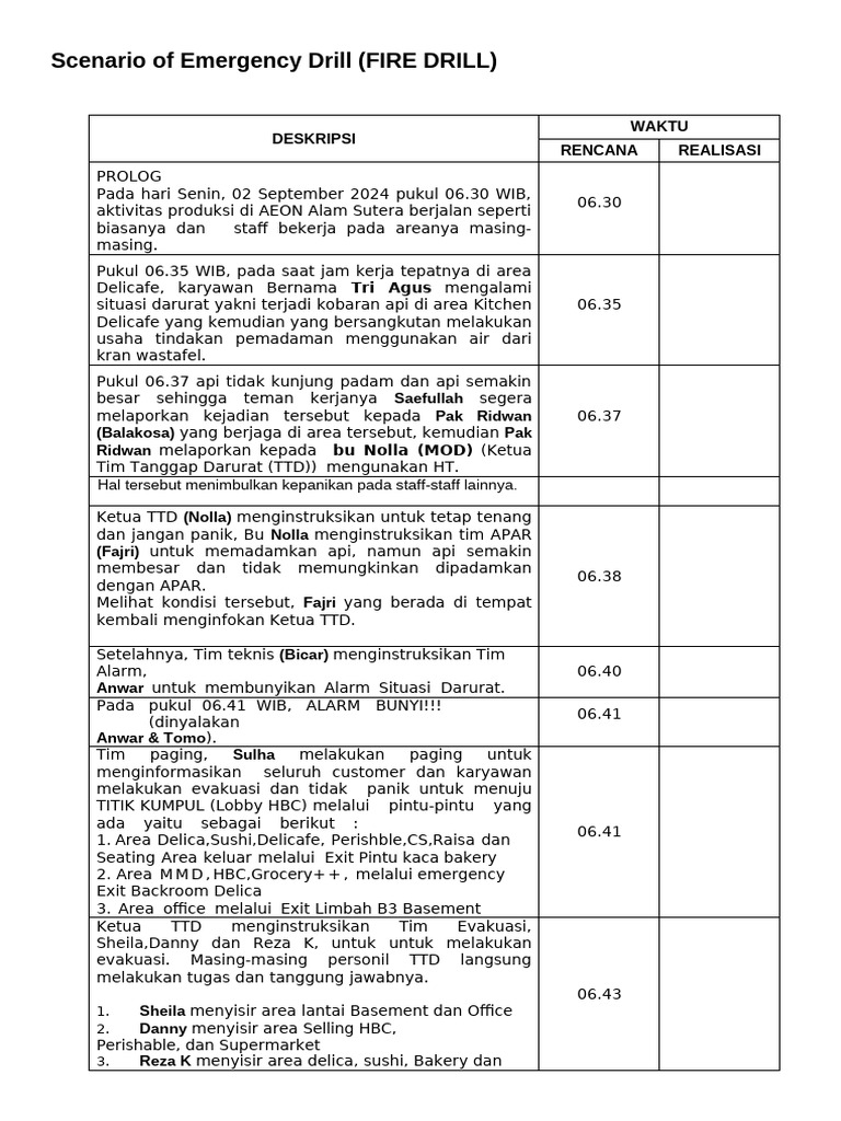 Scenario of Emergency Drill (Fire Drill) 05 Sept 24 | PDF