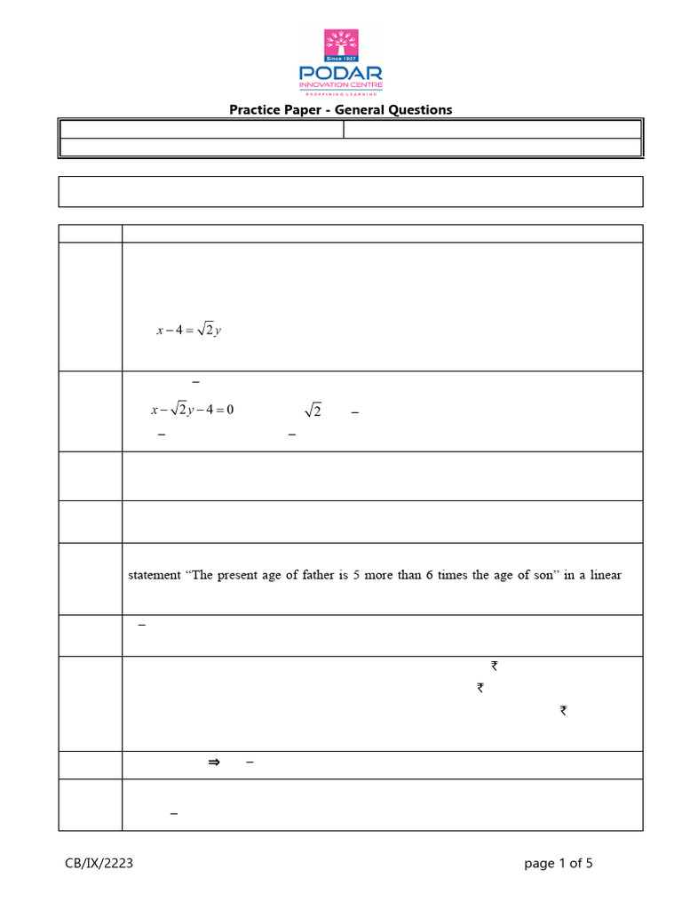 X - Math - CH 4 - Linear Equations in Two Variables - General Qs | PDF