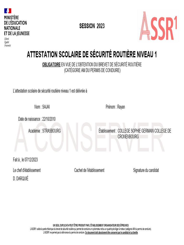 Attestation ASSR1 SAJAI Rayan 2023 | PDF