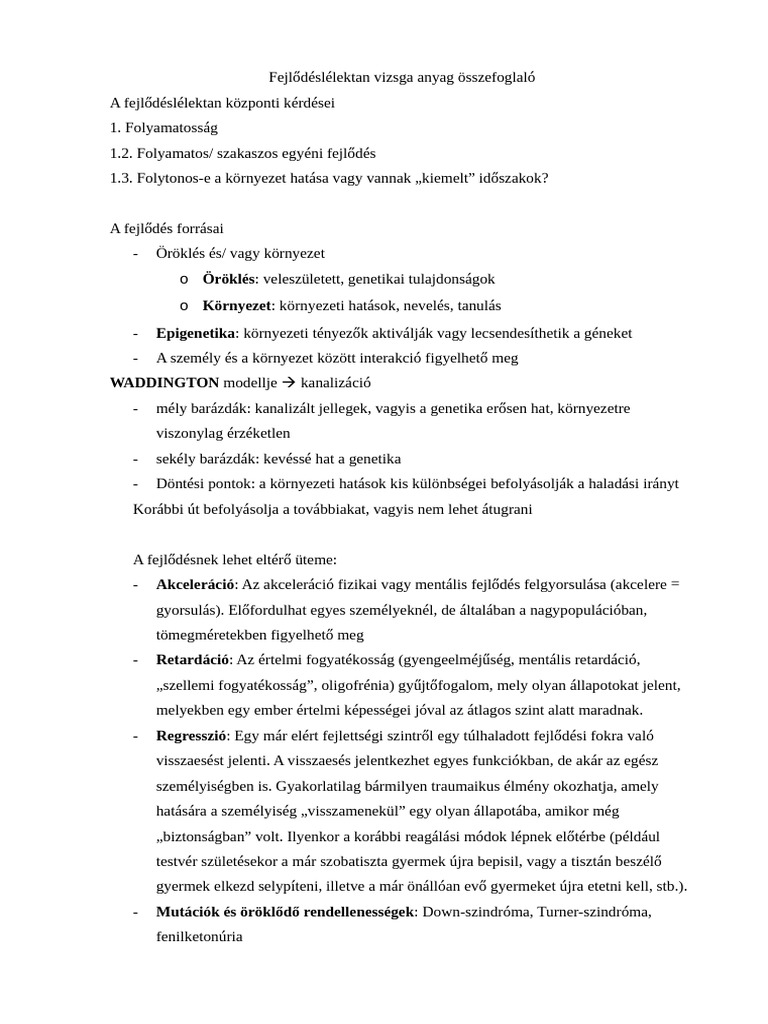 Fejlődéslélektan Vizsga Anyag Összefoglaló | PDF