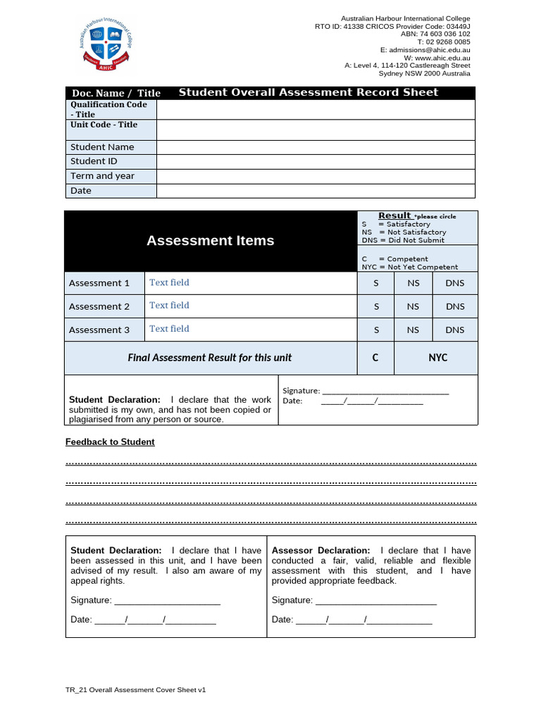 Overall Assessment Cover Sheet | PDF