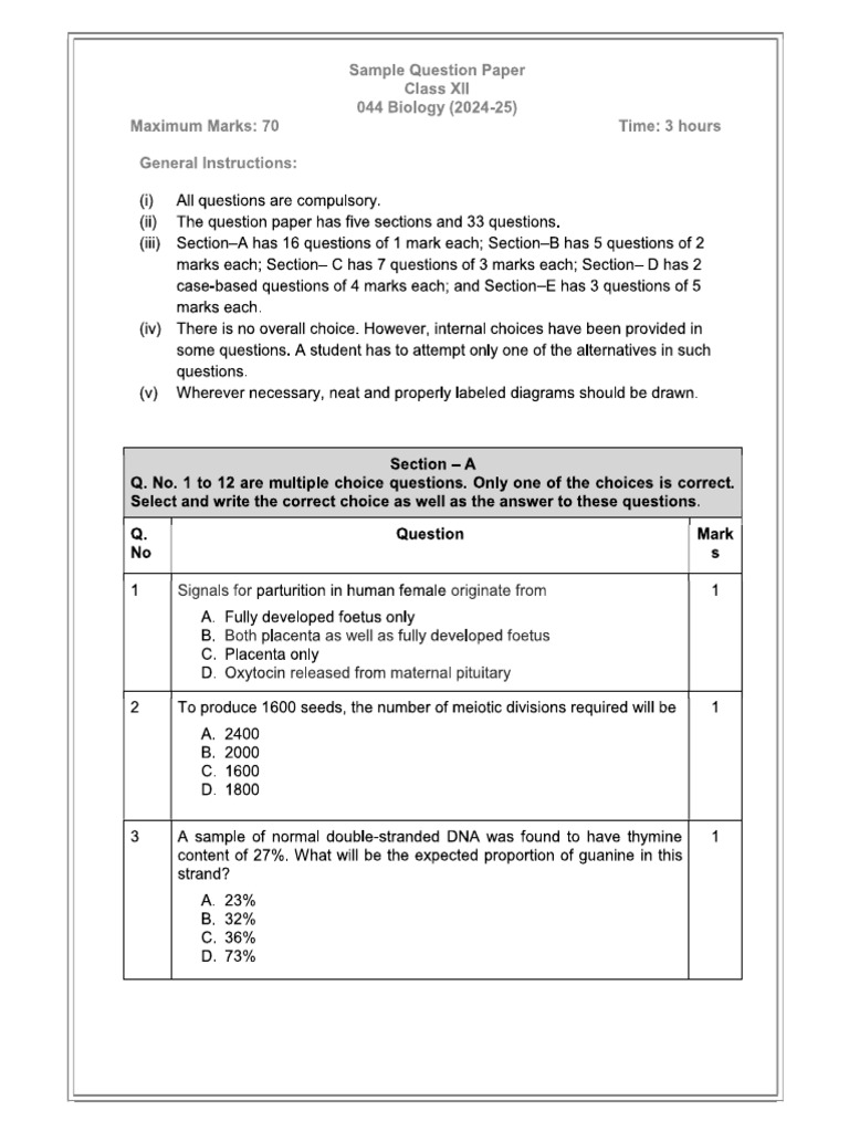 CBSE SAMPLE PAPER,QP, BIOLOGY 2024-25 | PDF