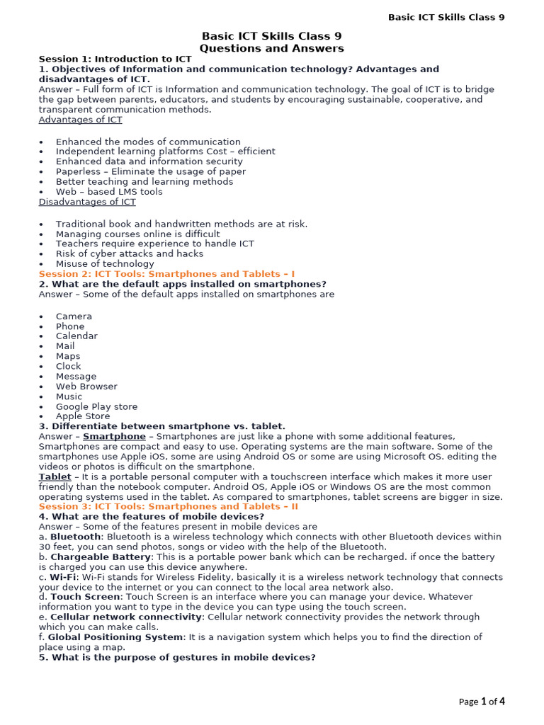 Basic ICT Skills Class 9 Q & A | PDF | Smartphone | Computers