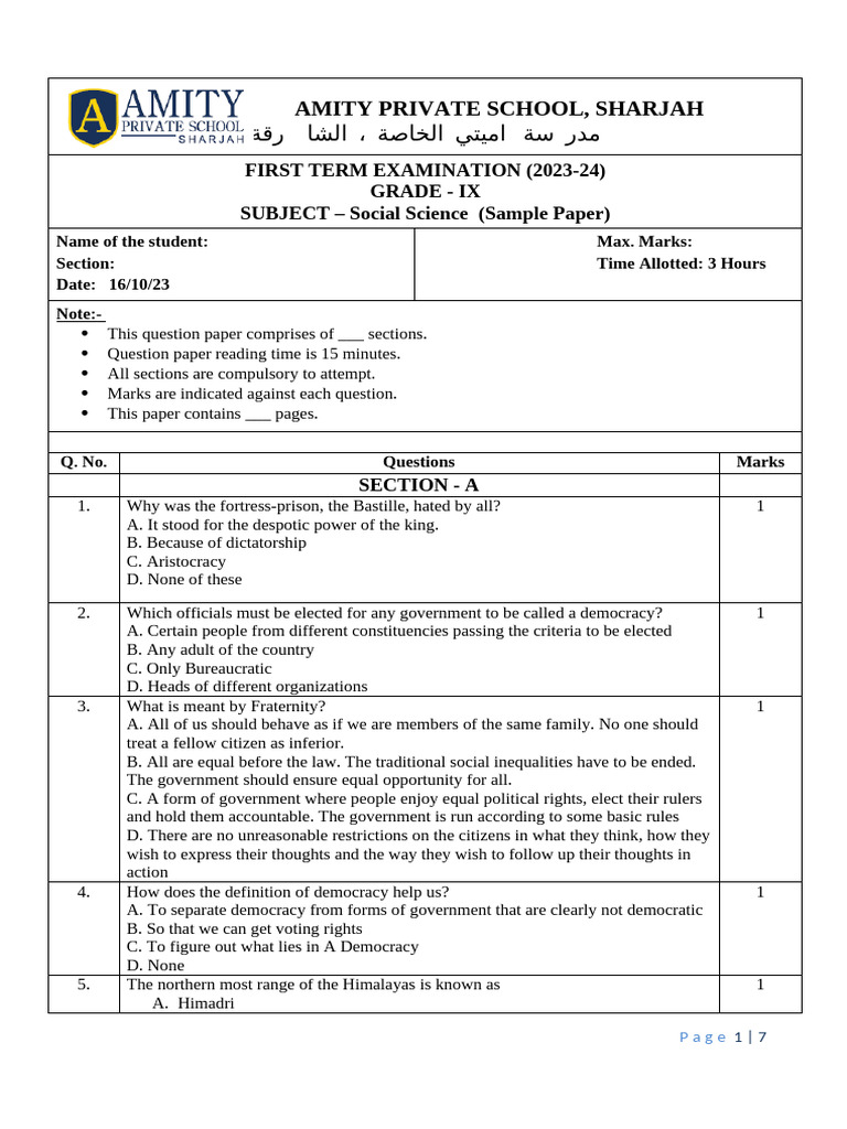 Grade - 9 Sample Paper FT | PDF | Democracy | Political Ideologies